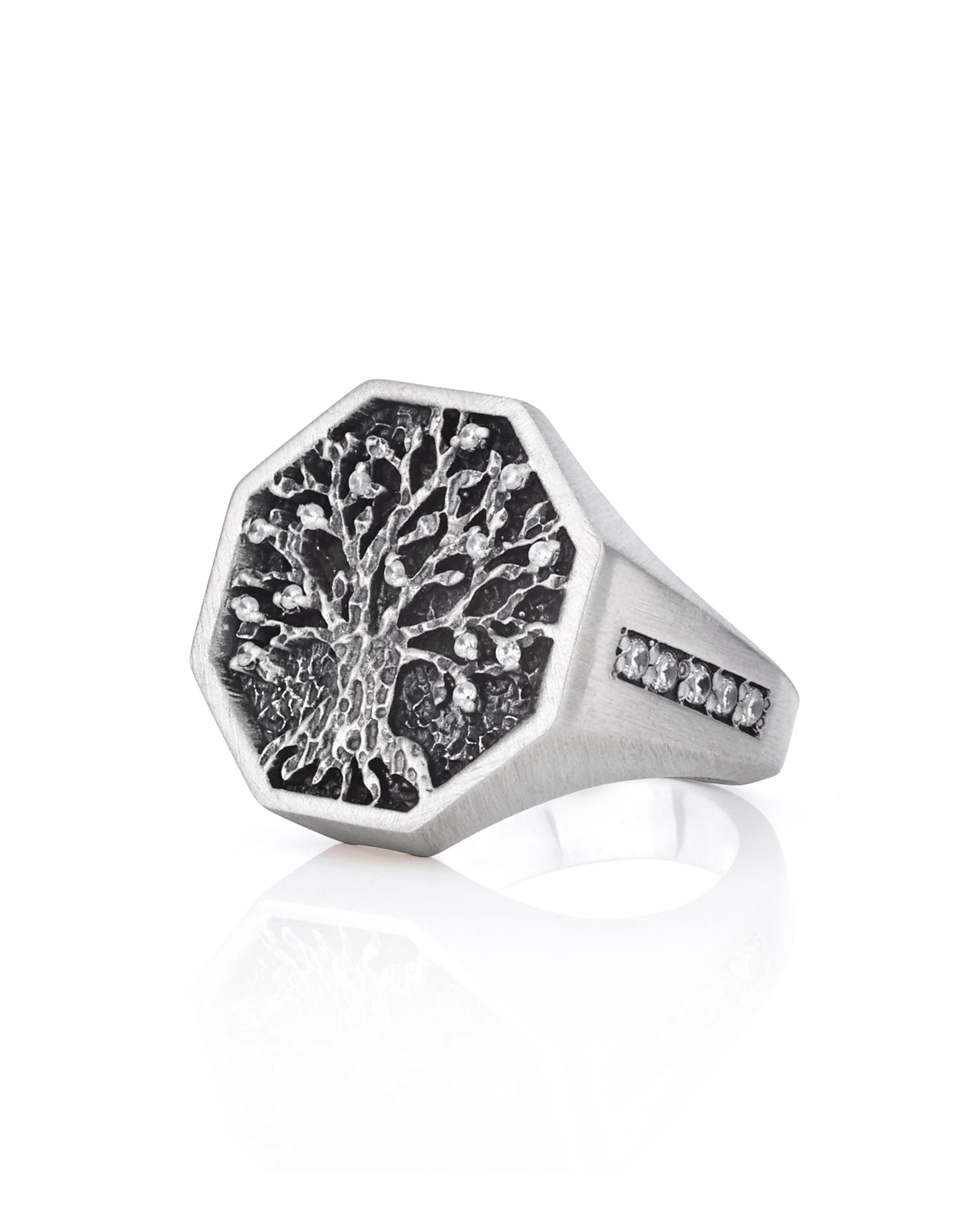 Tree of Life and Diamonds Signet Ring for Men in Silver